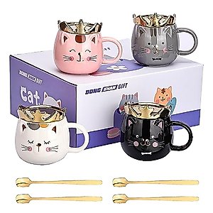 DONGSHANGIFT Cute Cat Mug Set of 4 Crown with Cell Phone Holder Lid for Lovers Ceramic Coffee Cups Women Girls Christmas Birthday Gift 14oz/420ml (4pcs Black White Pink Gray)