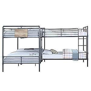 Epinki Twin/Full L Shape Bunk Bed in Sandy Black, Dark Bronze Hand-Brushed, Metal, Bed Frame, Easy Assembly