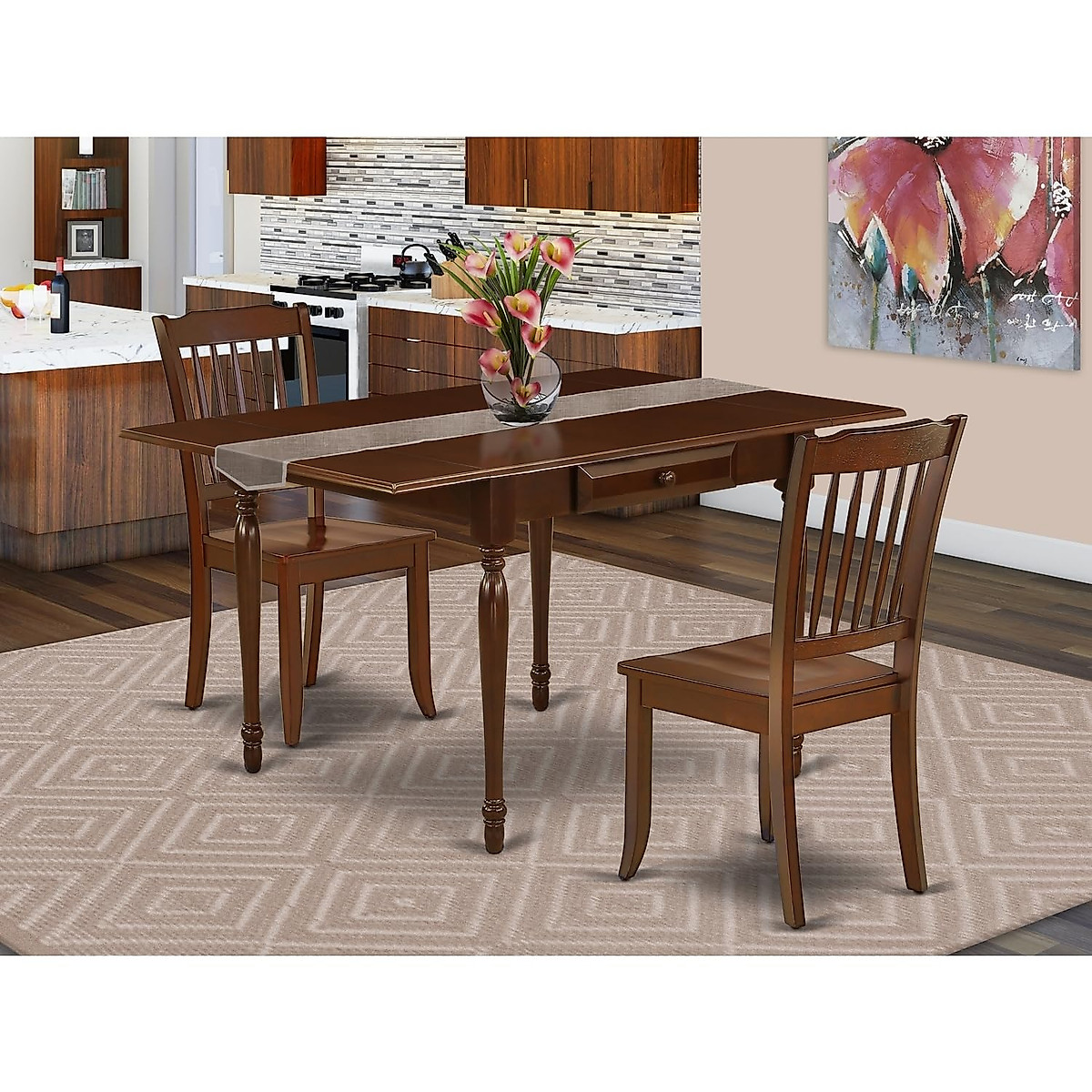 HomeStock Medieval Majesty 3Pc Dinette Set Consists of A Wood Dining Table and 2 Kitchen Chairs with Wooden Seat, Drop Leaf Table with Slat Back Chairs, Mahogany Finish