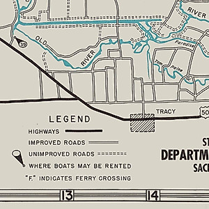 Map of Central California Striped Bass Fishing Grounds, Waterways, and Roads circa 1952 - from San Francisco to Stockton - Maps Inset Shows Boat Rentals (24 inches x 36 inches)