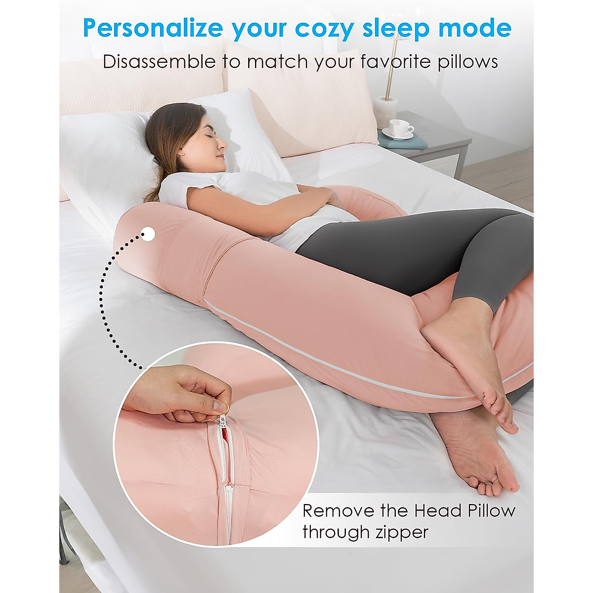 QUEEN ROSE Cooling E Shaped Pregnancy Pillows, Detachable Body Pillow for Sleeping, with Pregnancy Wedge Pillow for Belly Support, Cooling Rayon Cover,Pink