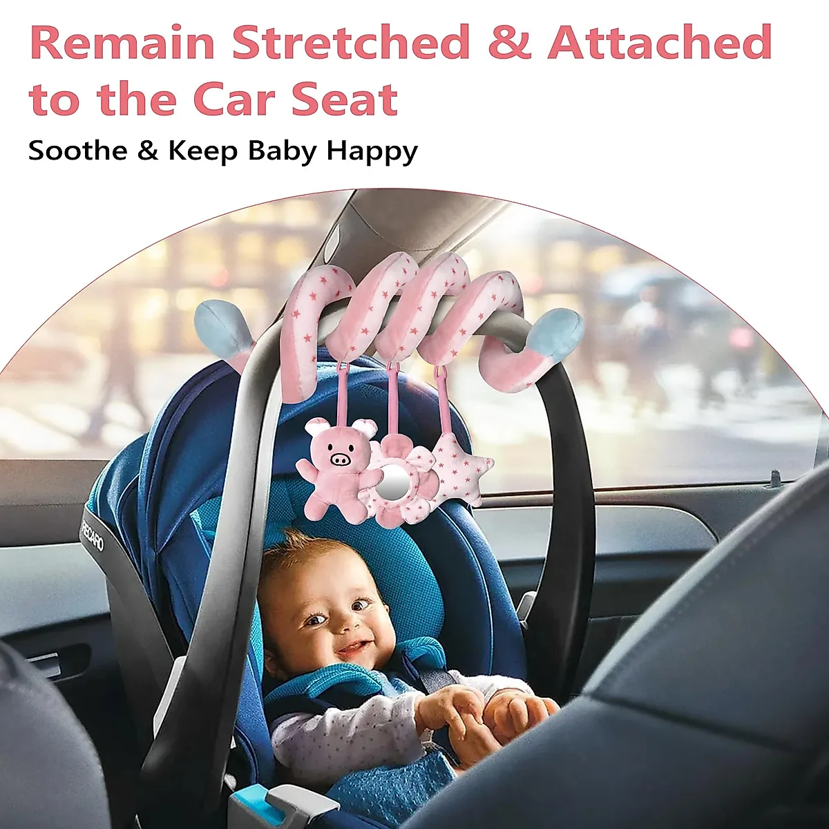 Car Seat Toys, Infant Baby Pink Pig Spiral Activity Hanging Toys Stroller Toys for Car Seat Stroller Bar Crib Bassinet Mobile with Mirror BB Squeaker and Rattles