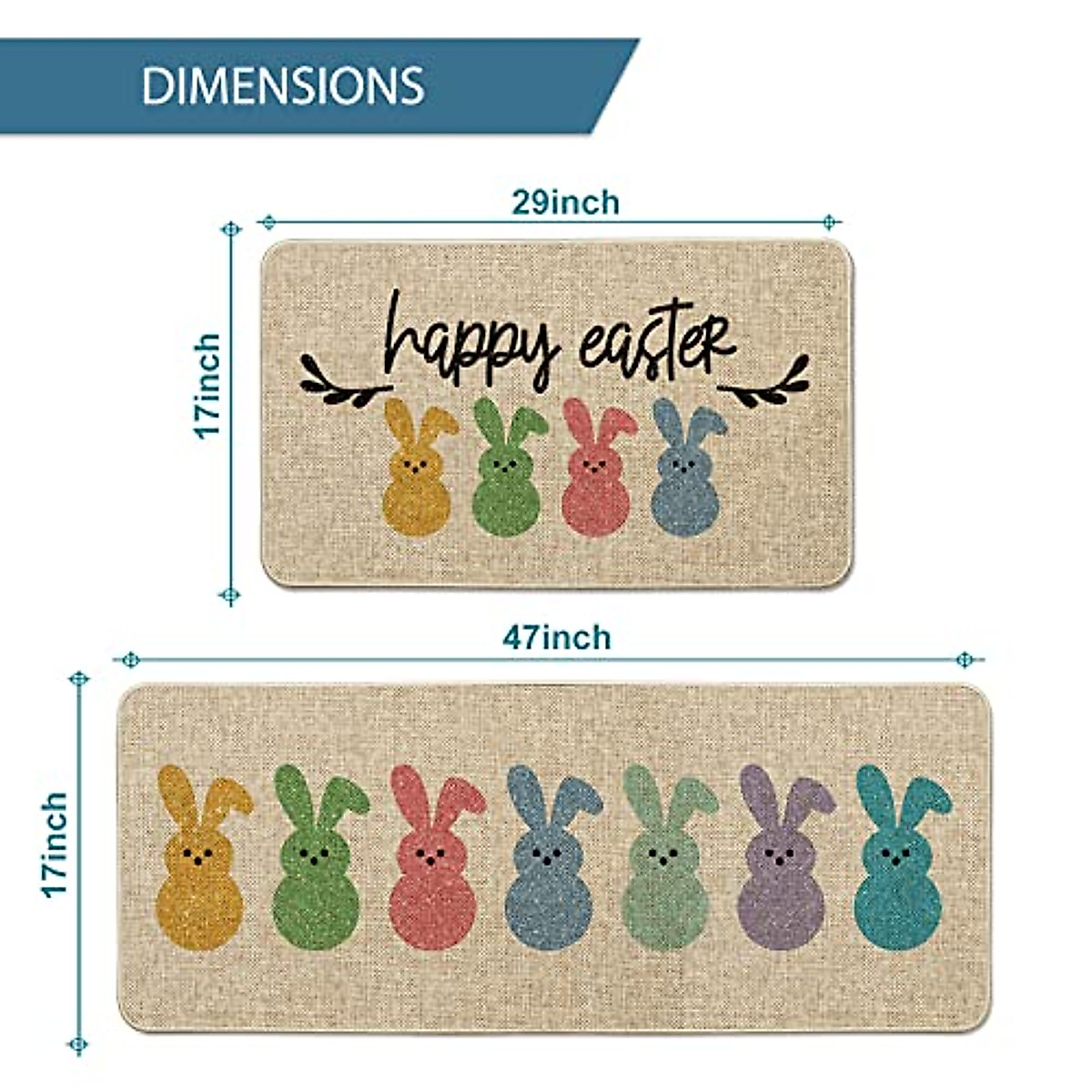 Artoid Mode Happy Easter Rabbits Decorative Kitchen Mats Set of 2, Home Seasonal Spring Easter Holiday Holiday Party Low-Profile Floor Mat - 17x29 and 17x47 Inch