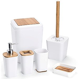 KRALIX White Bathroom Accessories Set, 6 Piece Complete Bamboo Bathroom Set with Toothbrush Holder and Cup, Soap Dish and Dispenser, Trash Can, Toilet Brush, White Bathroom Set Accesorios para Baños