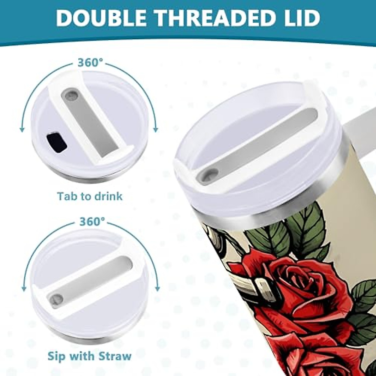 Nexawaveo Mooring Rose Beige Tumbler With Handle And Straw 30-40oz Insulated Tumbler Cups With Lid Stainless Steel for Cold Water and Drinks for School Work Sports Car Travel and Weekends