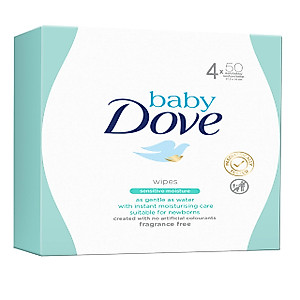 Dove Baby Wipes, Sensitive Moisture, Hypoallergenic 0% Alcohol, 50 Wipes (Pack of 4, 200 Wipes)