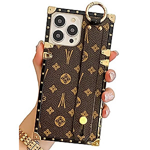 TRODINO Square Leather iPhone 14 Pro Max Case with Wristband Strap, Luxury Designer Trunk Box Phone Case for Women Girls, Hand Holder Ring Kickstand Shockproof Protective Bumper Case 6.7” (Brown)