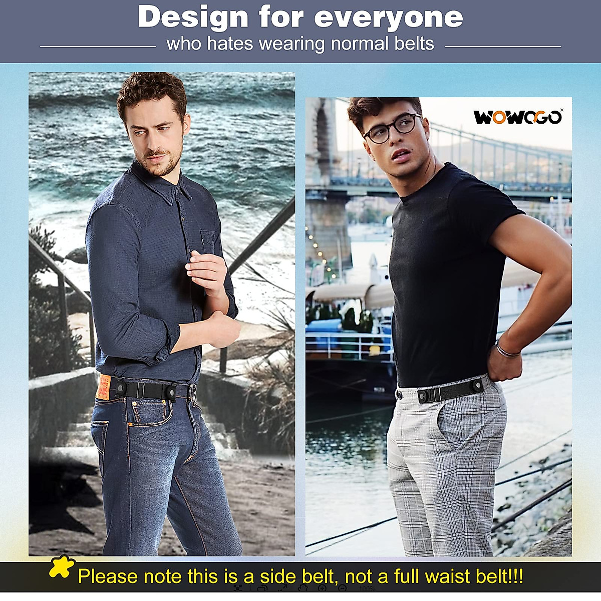 WOWOGO 2 Pack No Buckle Belts for Men Women Side Belt Elastic Stretch Adjustable Invisible Belt Fits 1.5 Inch Belt Loops