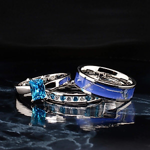 4pcs His Hers Camo Blue Radiant Stainless Steel Sterling Silver Wedding Ring Set (Size His 08, Hers 06)