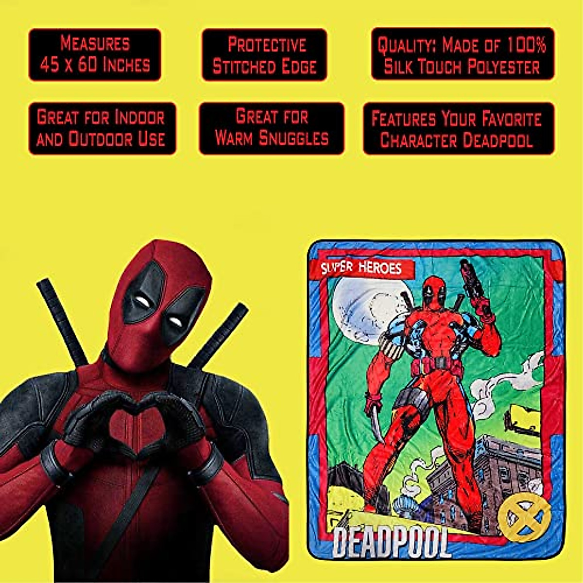 Marvel Deadpool Fleece Throw Blanket| Measures 60 x 45 Inches