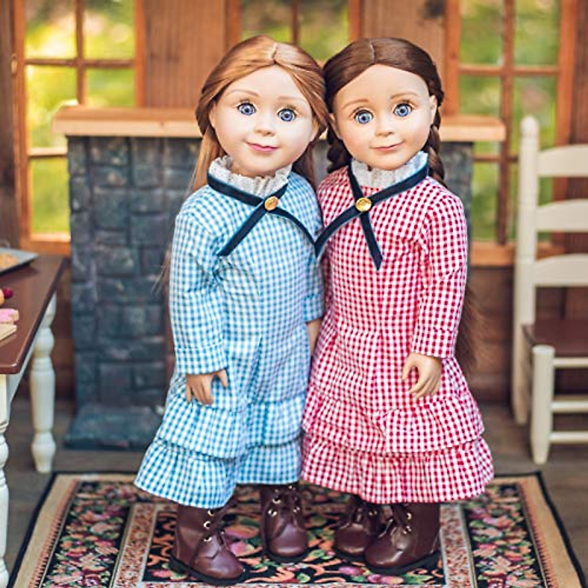 The Queen's Treasures 18 Inch Doll Clothes, Little House on The Prairie Authentic Laura & Mary Ingalls Blue Check Dress Outfit , Compatible for Use with American Girl Dolls
