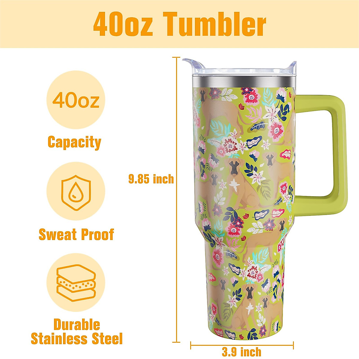 owbgsdh Boxer Dog Gifts for Women Dog Lovers 40 oz Floral Boxer Lover Tumblers with Handle and Straw, Stainless Steel Vacuum Insulated Travel Coffee Mug Cup Water Bottle