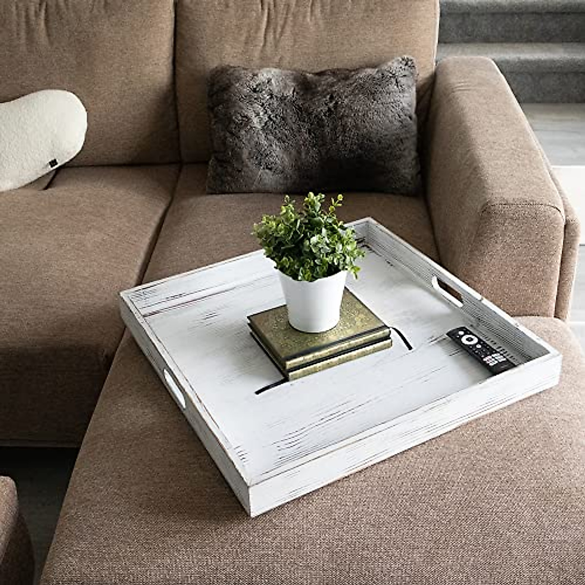 Hanobe Square Large Ottoman Tray: Extra Large Serving Tray with Handles Rustic Wood Whitewash Decorative Coffee Table Trays Farmhouse Home Decor for Living Room Kitchen Counter 24" x 24"