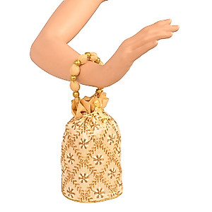 INDTRESOR beaded handcrafted embroidered evening purse drawstring handbag vintage party wedding gift for women. Cream Gold