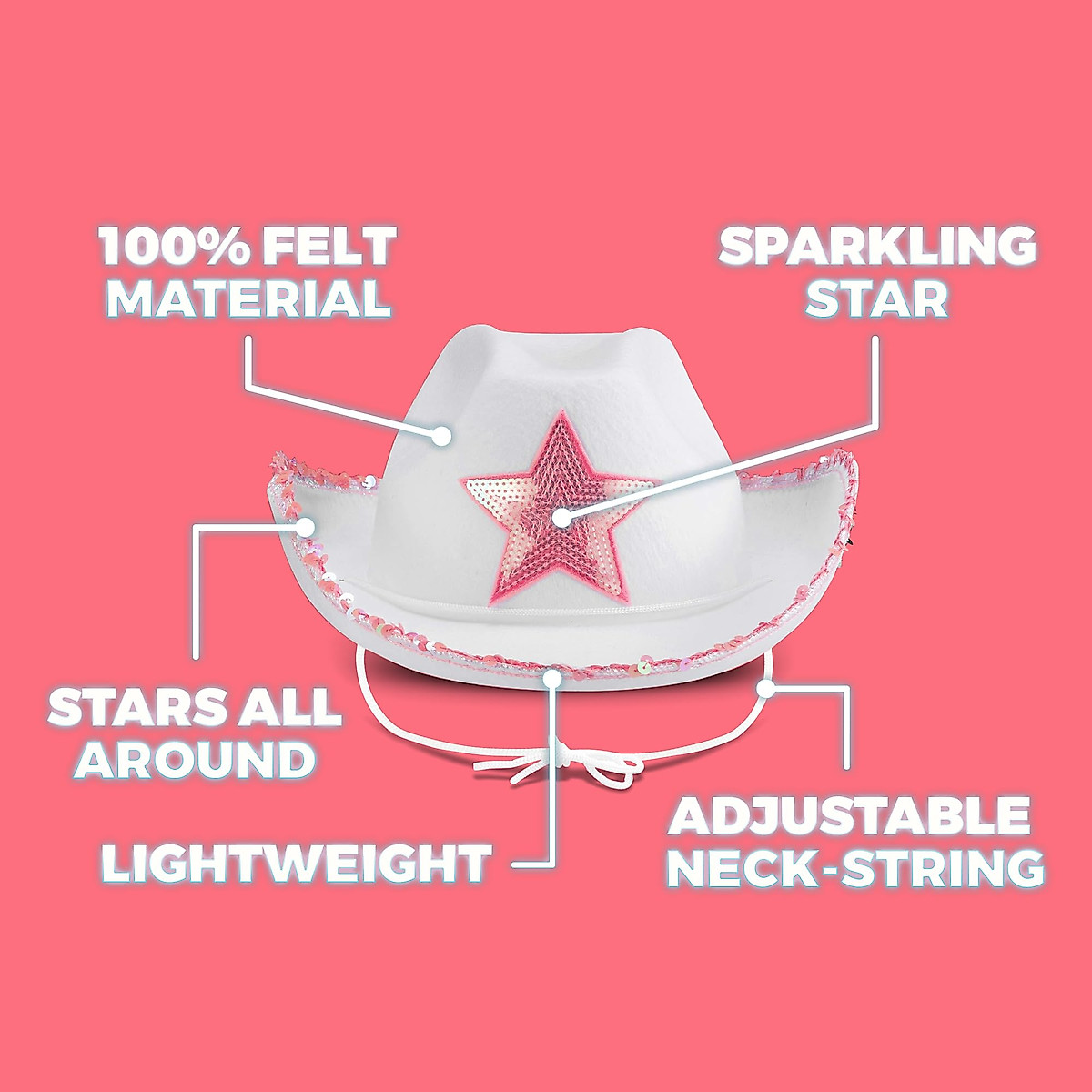 White Cowgirl Hat - (pack Of 2) Adult Size Pink Star Cowboy Hats For Women With Sequin Trim Fringe, Adjustable Neck Drawstring, White Cowboy Hat For Costume Party, Play Dress-up Fits Most Women