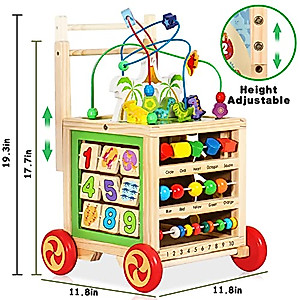 Baby Walker Toys for 1 Year Old Boy Girl Montessori Toys for 1 2 3 Year Old 6 in 1 Baby Activity and Activity Center Wooden Toys Walker with Wheels Activity Cube Table Infant Baby Toys 12-18 Months