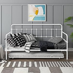 Oudiec Twin Size Metal Daybed with Trundle, Sofa Bed Frame Steel Slat Support for Teenagers/Adult Bedroom, Space Saving Design & No Box Spring Needed, White