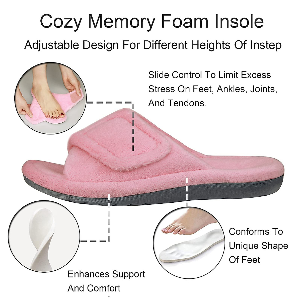 GRITHEIM Women's Orthotic Arch Support Slippers Fuzzy Adjustable Orthopedic Slippers for Plantar Fasciitis Furry Slide Slippers for Ladies pink 9