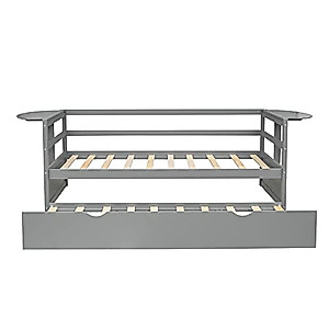 SOFTSEA Twin Daybed with Foldable Shelves, Wood Day Bed Frame with Trundle (Gray)