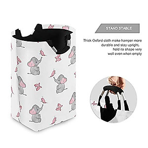 AGONA Cute Elephants Pink Butterflies Laundry Basket with Handles Large Storage Bin Collapsible Fabric Laundry Hamper Foldable Laundry Bag for Kids Room Toy Bins Gift Baskets Bedroom Baby Nursery