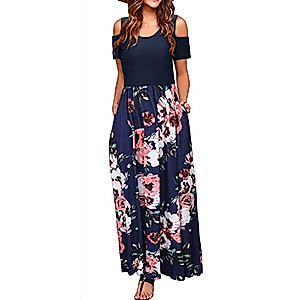 Kancystore Women's Cold Shoulder Floral Print Dresses Swing Long Dress with Pockets (Navy Blue_XXL)