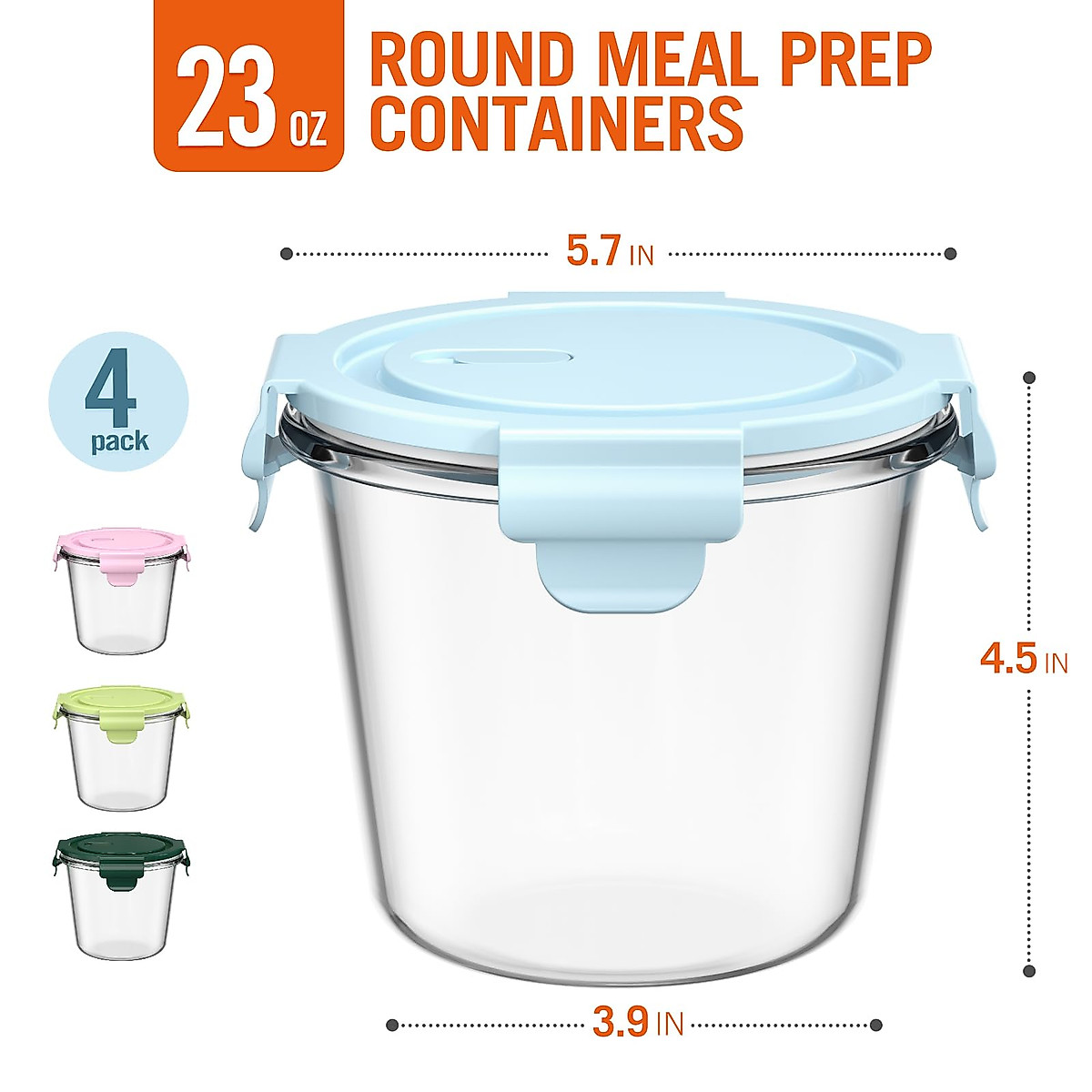 Winproper 4 Pack Glass Meal Prep Containers with Airtight Lids, Leak-proof Round Storage Containers Set, Reusable Glass Soup Containers Overnight Oats Containers for Leftover, Soup, Fruit