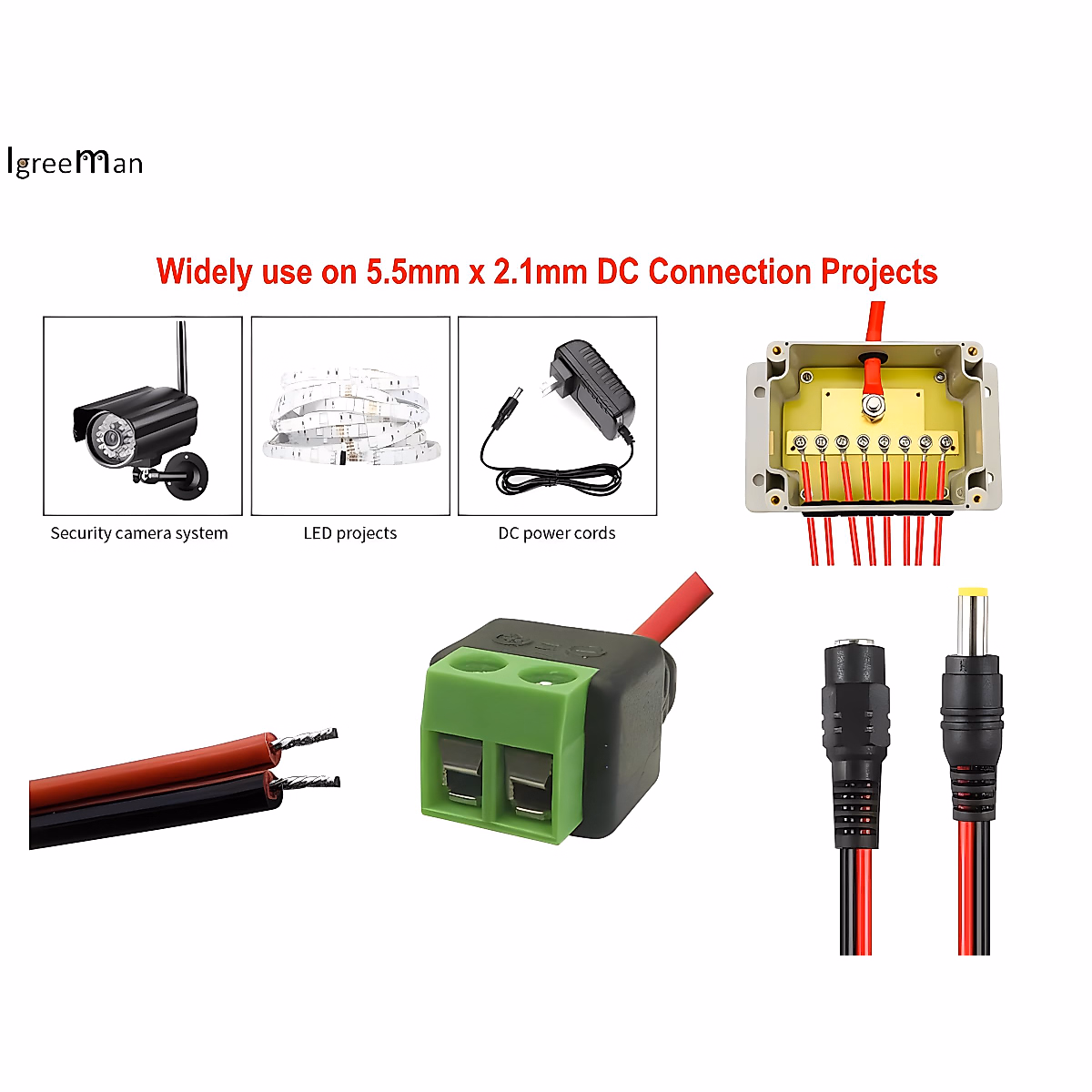 Igreeman 10 Pair Quick-Connect DC Power Pigtails - 18 AWG, 5A - Comes with Unique Terminal Jack Socket for Top-Notch Security Surveillance & Party Lighting - 2.1mm * 5.5mm Connectors