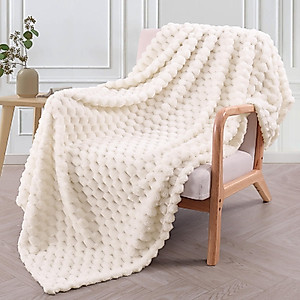 Exclusivo Mezcla Extra Large Soft Fleece Throw Blanket, 50x70 Inches 3D Clouds Stylish Jacquard Throw Blanket for Couch, Cozy Soft Lightweight for All Season, Off White Blanket