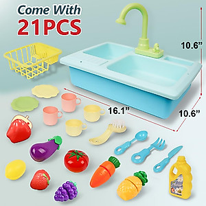 XINGYING Play Sink with Running Water, Kitchen Sink Toys for Toddlers w/Automatic Water Cycle System, Dish Rack, Cutting Food, Utensils Tableware Accessories, Kids Sink Pretend Play for Boy Girls