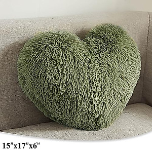 XeGe Luxury 15"x17" Faux Fur Heart Shaped Pillow, Plush Shaggy Decorative Throw Pillow, Fluffy Cuddly Heart Pillow w/Insert, Furry Accent Pillow for Valentine's Day/Birthday/Christmas, Sage Green