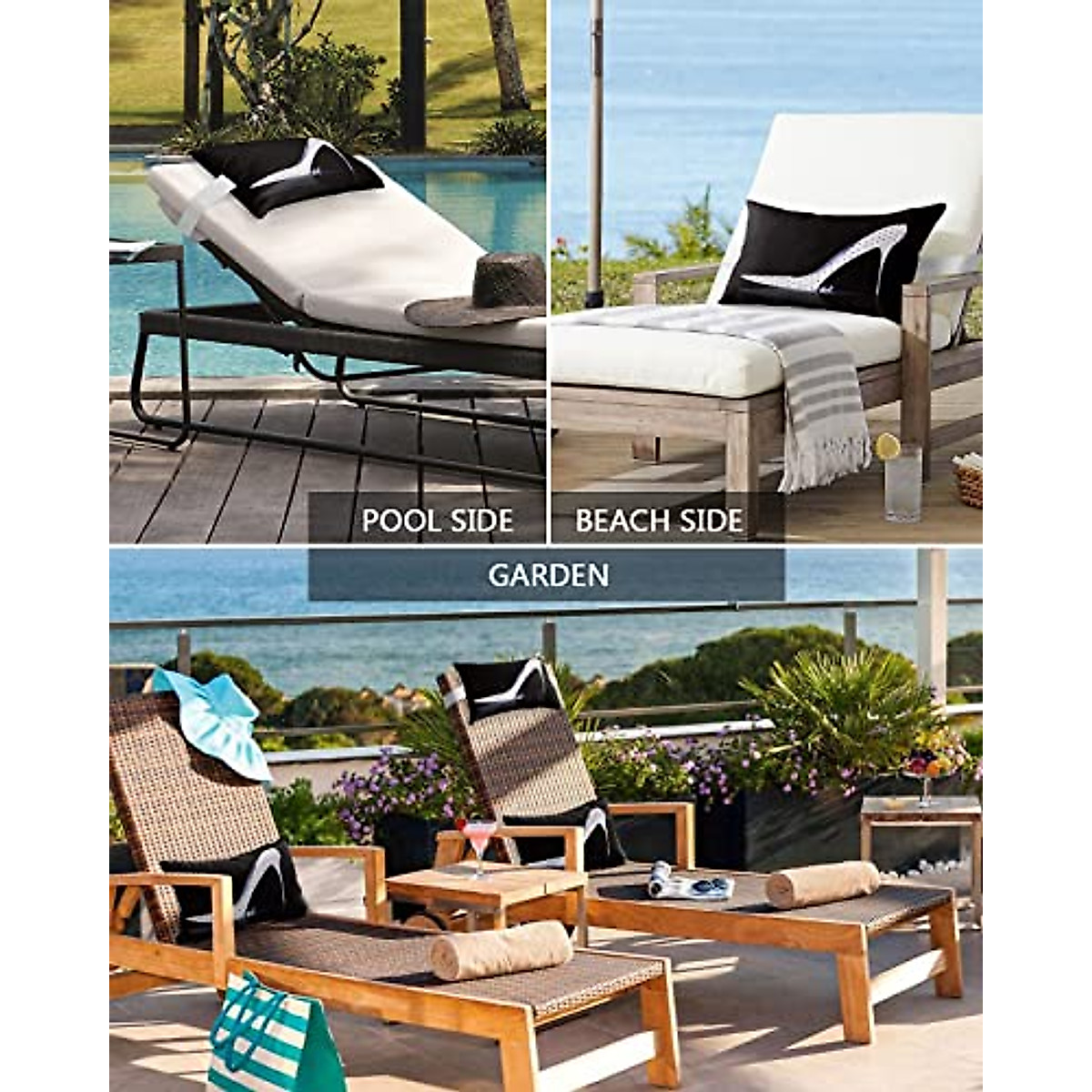 HilariousM High Heels Shoes Diamond Outdoor Pillows for Chaise Lounge Chair, White Black Waterproof Lumbar Head Support Pillow with Adjustable Elastic Band for Pool Patio Furniture Decorative