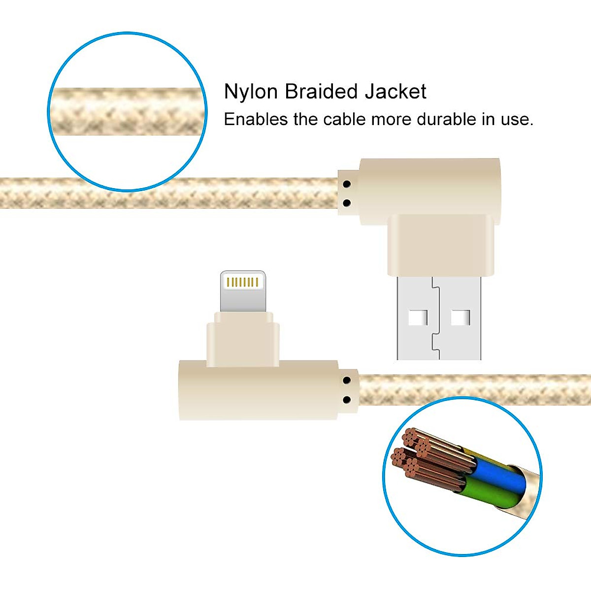 3 Pack Apple MFi Certified iPhone Cable Right Angle Lightning Cable (3/3/3FT) Nylon Braided 90 Degree Charging Cord Charging Data Sync for iPhone 13/12/11/11Pro/Xs Max/X/8/7/Plus/6S/6/SE/5S iPad Gold