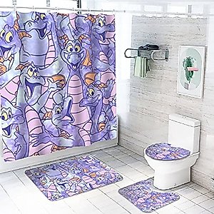 JIYINJI Figment 4 Piece Shower Curtain Sets,Non-Slip Rugs, Toilet Lid Cover and Bath Mat, Durable for Bathroom Decor Set.