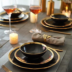 Pokini Black Luxury Plates and Bowls Sets, 12 Piece Porcelain Dinnerware Sets Service for 4, Modern Dinner Plates Set, Gold Rim Dish Set for Wedding Anniversary Birthday, No Microwave Safe