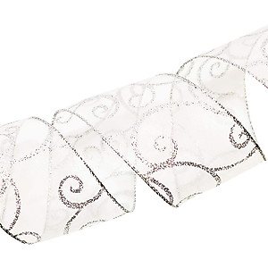 Morex Ribbon 7416.60/50-701 Swirl 2.5" X 50 YD Nylon Sheer Wired Glitter Ribbon, White/Silver, Holiday Ribbons for Crafts and Christmas Decorations, Indoor Christmas Ribbon for Gift Wrapping