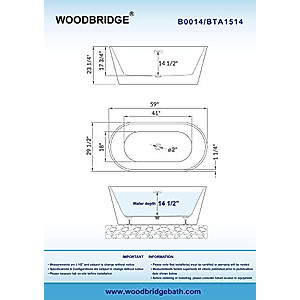 WOODBRIDGE 59" Acrylic Freestanding Bathtub Contemporary Soaking Tub with Chrome Overflow and Drain, B-0014-C