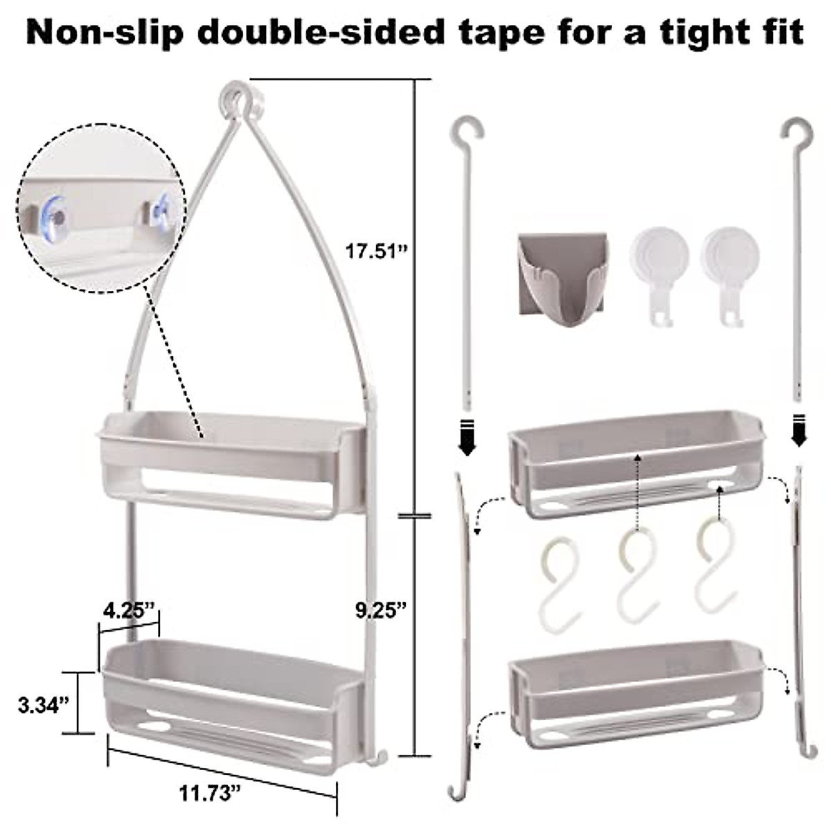 RaiyeisHome Plastic Hanging Shower Caddy Organizer with Soap Holder and Hook Accessories - Convenient Overhead Storage Rack Set for Bathroom, Kitchen, and Toilet