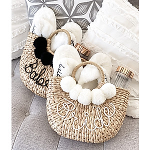 ModParty Bride Straw Purse | Honeymoon Bridal Shower Gift for Bride to Be | Handmade Summer Beach Tote Bag | Bride Bachelorette Party Outfit Essential | Straw Purse & Pom Poms