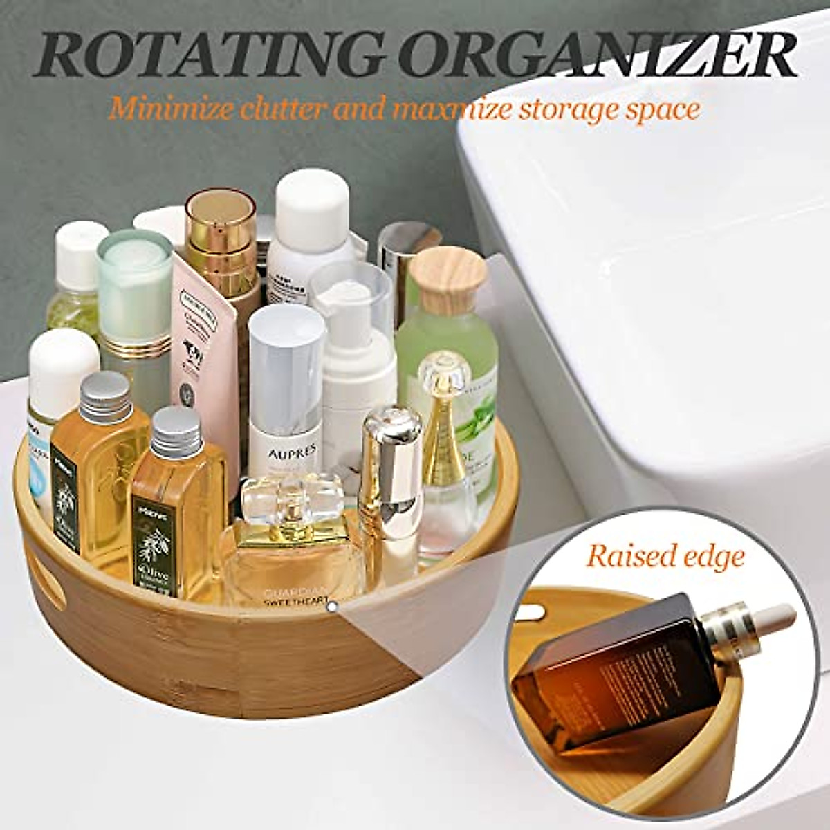 14 Inch Bamboo Lazy Susan Organizer, Wooden Turntable for Kitchen Countertop, Wood Rotating Tray Turn Table with Handle, Spinning Spice Rack for Cabinet Pantry Counter Top Organization