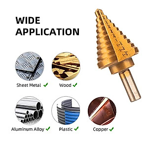 amoolo Titanium Step Drill Bit (10 Step), 1/4" to 1-3/8", High Speed Steel (HSS) 1/4" Hex Shank Unibit for Soft Metal Sheet, Wood, Plastic, Multiple Hole Drilling Cone Drill Bit