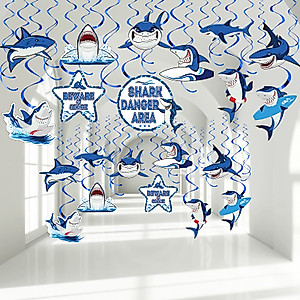 30 Pieces Shark Hanging Swirls Decorations Shark Party Supplies Shark Party Foil Swirls Hanging Ceiling Decoration for Boys Girls Shark Sea Theme Party Baby Shower Birthday Party Favor Supplies