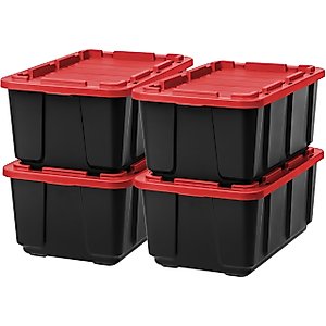 IRIS USA 27 Gallon Large Heavy Duty Storage Bins with Lids, 4 Pack - Made in USA, Snap On Lid Stackable Industrial Tough Totes, Rugged Tubs, Garage Organization, Rugged Reusable Boxes - Black/Red