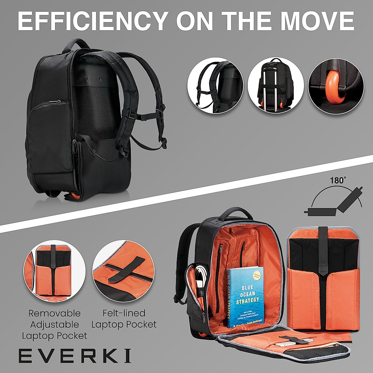 EVERKI (EKP122) Atlas Wheeled Laptop Backpack Adjustable Compartment, Business Professional,Black,13-Inch to 17.3-Inch