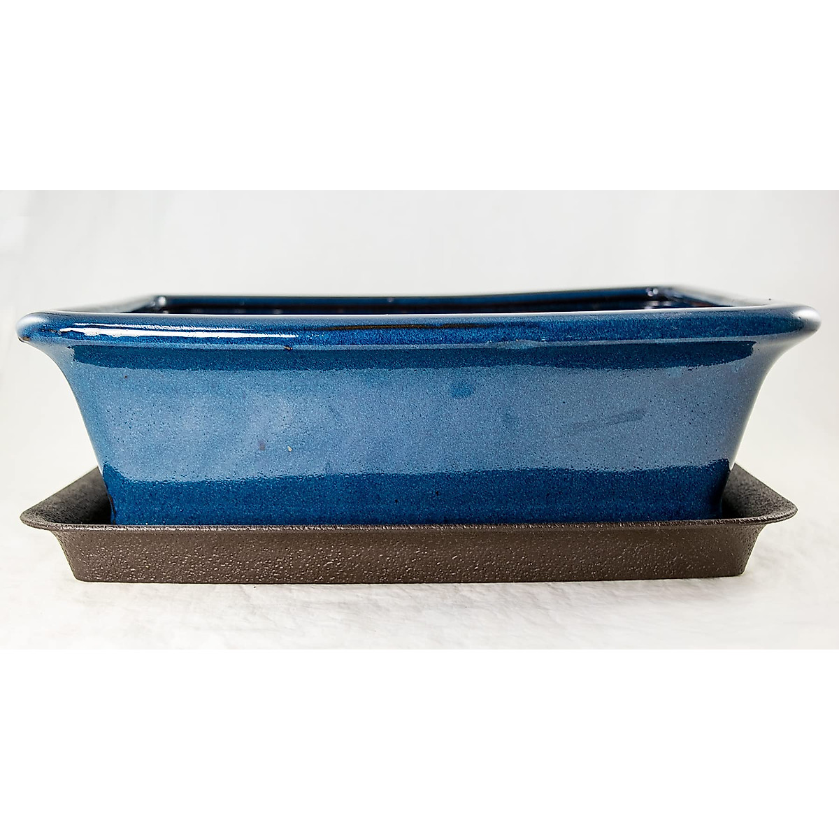 Calibonsai Rectangular Glazed Bonsai Pot, Cactus & Succulent Planter + Tray + Mesh 12 x 9 x 4 - Dark Blue Stain