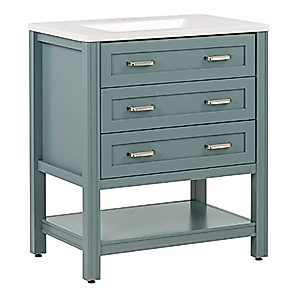 Spring Mill Cabinets Eaton Bathroom Vanity with 2 Drawers, Open Shelf, and White Sink Top, 30.25" W x 18.75" D x 35.41" H, Sage