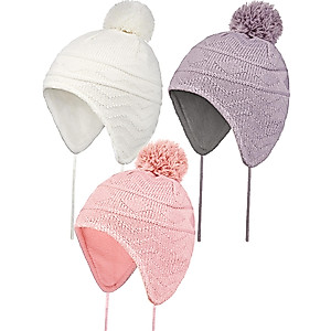 3 Pieces Toddler Baby Kid Winter Beanie Hat Warm Thick Fleece Lined Cap Knit Hat with Earflap and Chin Straps for Girls Boys (1-5 Years)