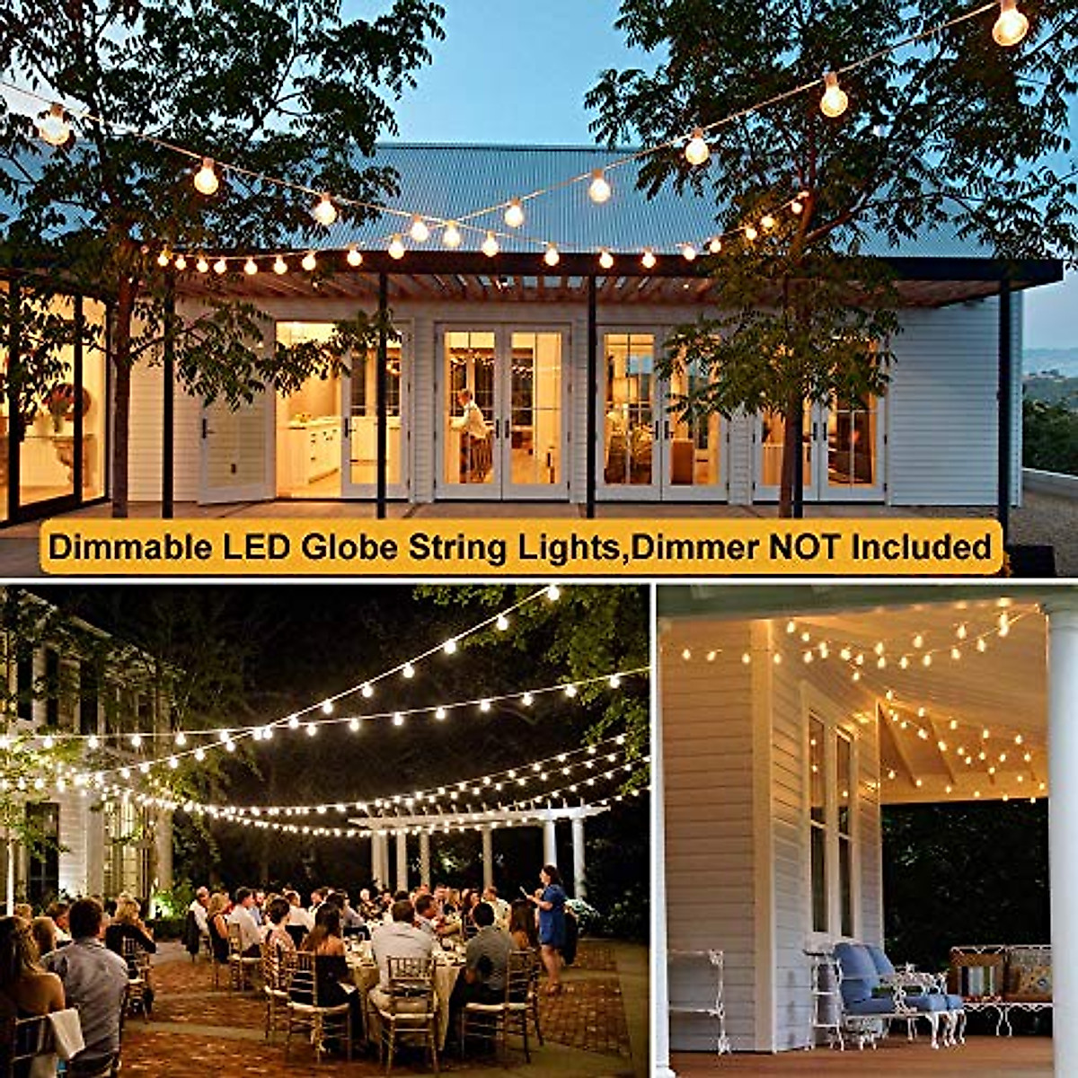 2-Pack 25Ft Outdoor LED String Lights with 50+4 Shatterproof LED Clear Plastic Globe Bulbs,Commercial Lighting for Patio Cafe Porch Bistro Party Wedding Christmas Indoor/Outdoor Decoration,White Wire