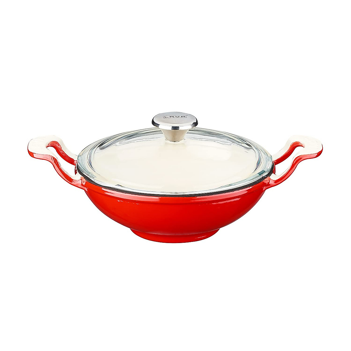 Lava Cast Iron Three Layers of Enameled Cast Iron Small Wok Pan with Glass Lid and Metal Knob with Elegant Handles - 6.5 Inch Diameter Round, Baby Collection (Red)
