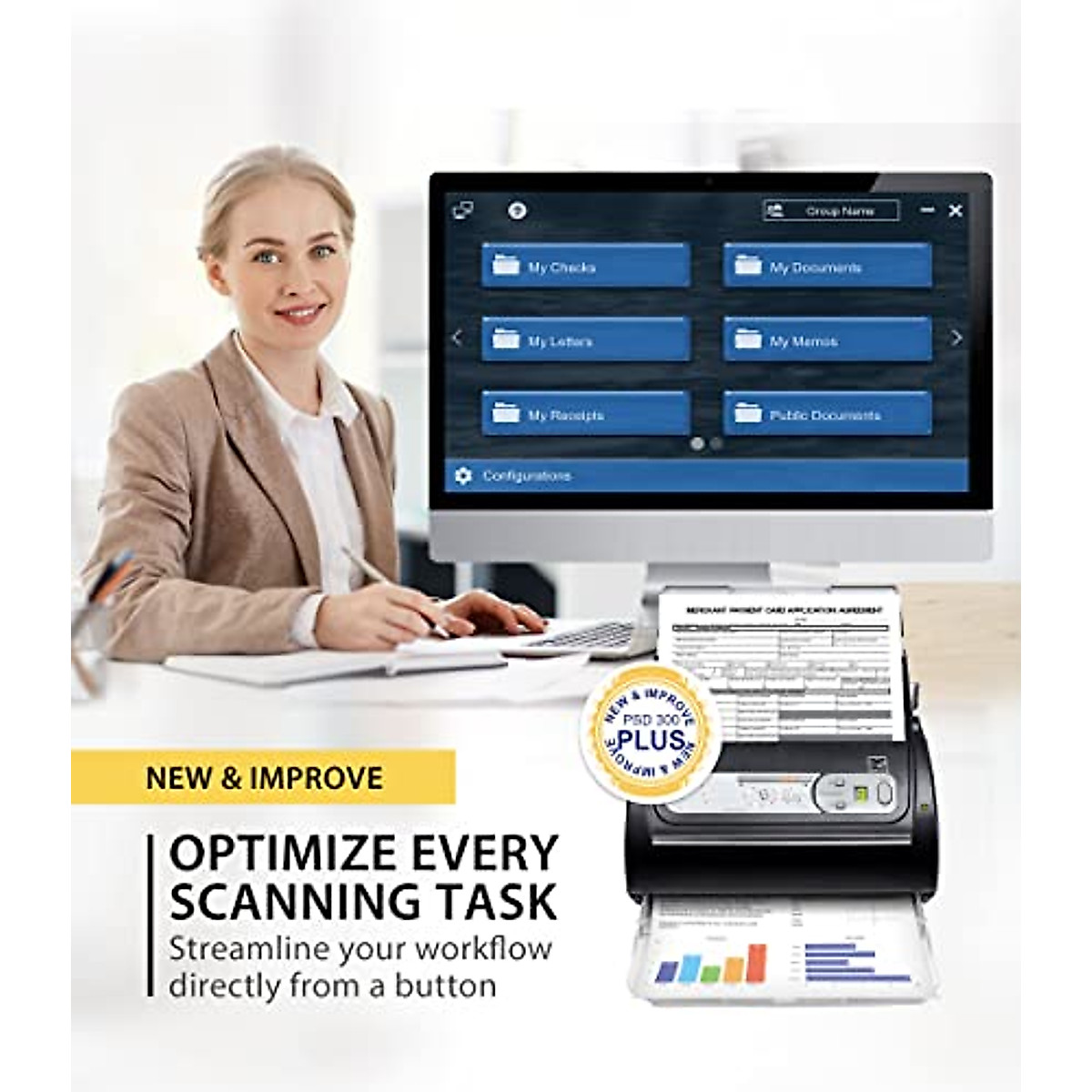 Plustek PSD300 Plus Document Scanner with ADF, Directly scan to Cloud, SharePoint, Office 365 and Built-in Barcode Recognition Function