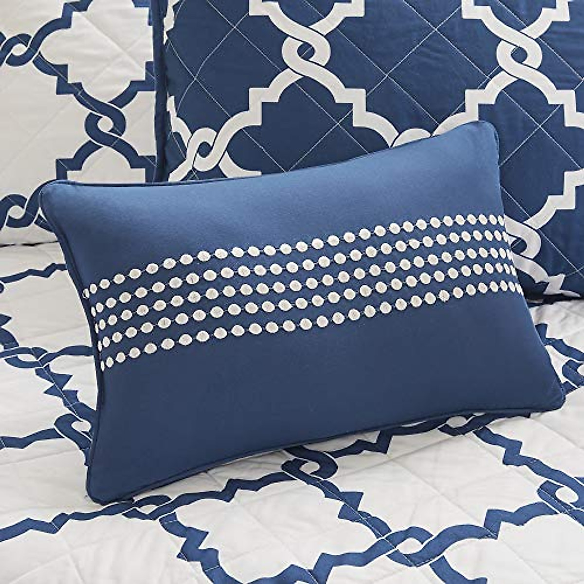 Madison Park Essentials Merritt Reversible Daybed Cover-Fretwork Print, Diamond Quilting All Season Cozy Bedding with Bedskirt, Matching Shams, Decorative Pillow, 75"x39", Navy 6 Piece